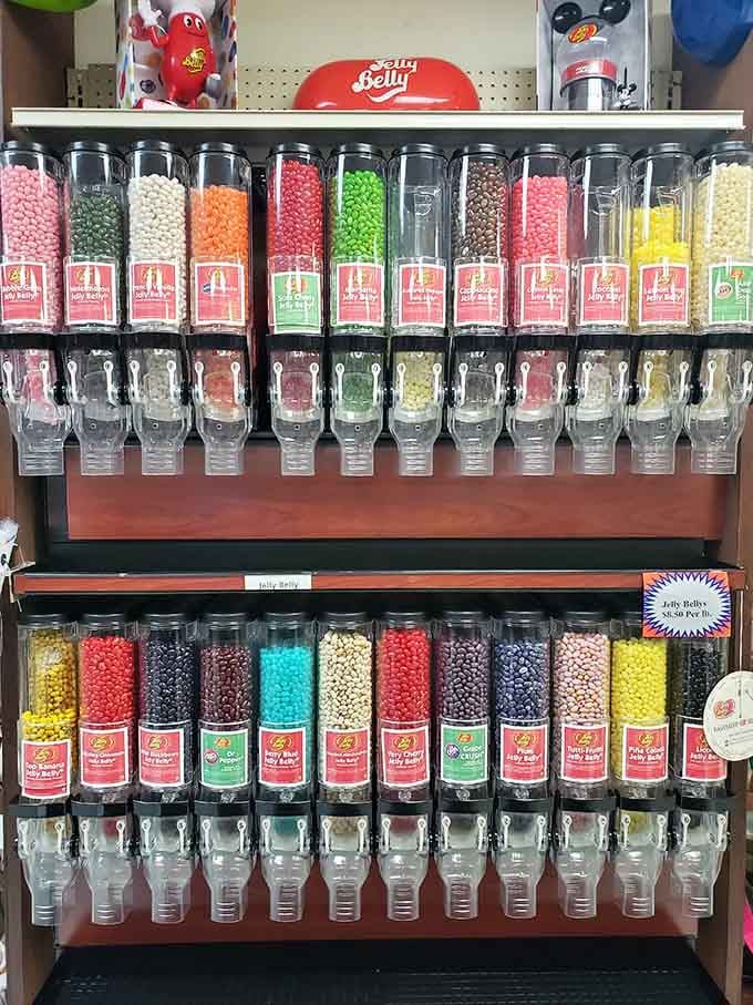 Jelly bean dispensers standing at attention like colorful soldiers ready to deploy sweetness directly into your waiting bag.