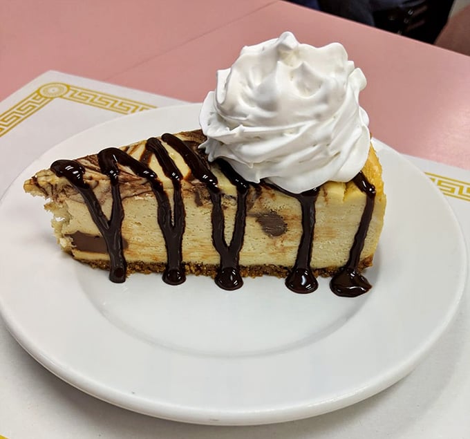Cheesecake drizzled with chocolate that makes you wonder why anyone bothers with plain cheesecake at all anymore.