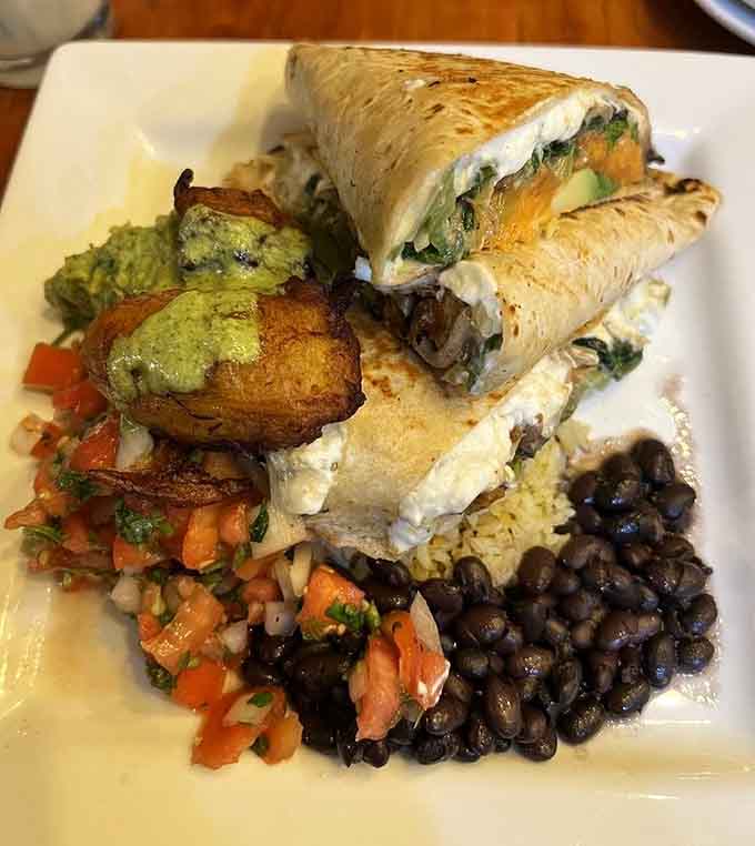 Vegetarian doesn't mean boring here, just look at that quesadilla proving plants can party with the best of them.
