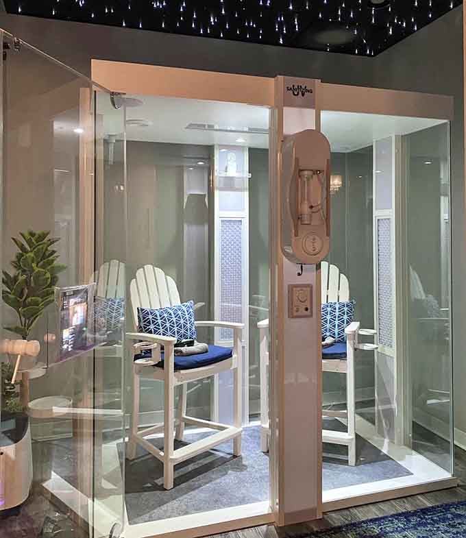 That infrared sauna booth looks like a phone booth to wellness. Beam me up, relaxation.