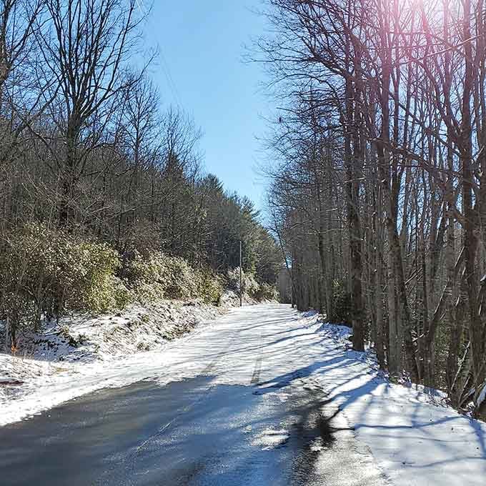 Snow transforms the mountain road into a winter wonderland that makes you forget you're in South Carolina.
