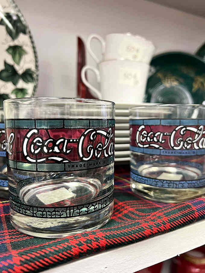 Vintage Coca-Cola glasses on tartan plaid remind us that some designs never go out of style, just out of production.