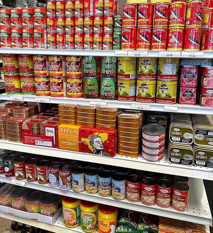 This canned goods section looks like the United Nations decided to open a grocery store, and we're all invited.
