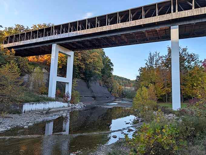 The Ashtabula River below flows peacefully, completely unaware it's part of such a spectacular scene.