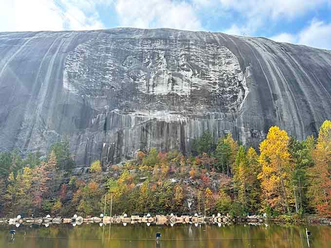 The mountain carving rises from the trees like Georgia's own Mount Rushmore, impossible to ignore.