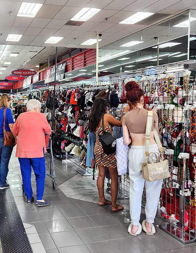 Diverse shoppers unite in the universal quest for deals, proving thrifting transcends all demographics and backgrounds beautifully.