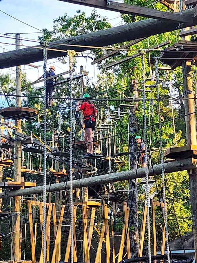 The intricate web of cables and platforms creates a three-dimensional puzzle that'd make Indiana Jones grin with anticipation.