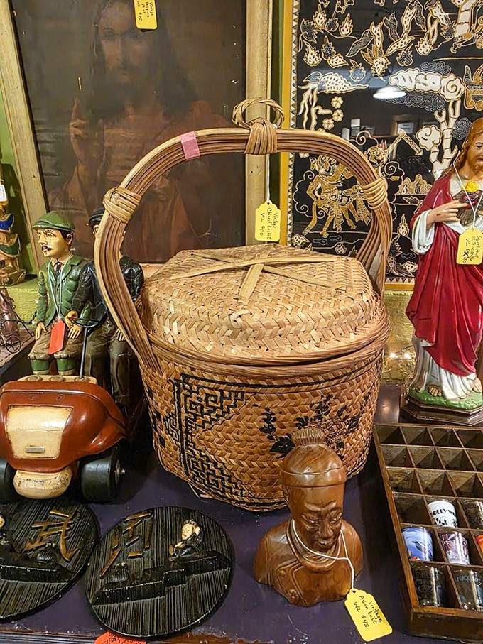 Handwoven Asian basket proving that functional art transcends borders and looks fantastic holding your knitting supplies.