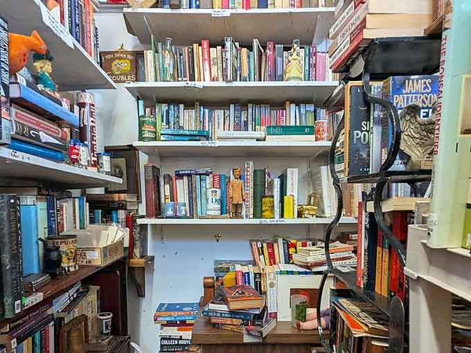 Books stacked floor to ceiling remind us that the best stories often come with well-worn pages and history.