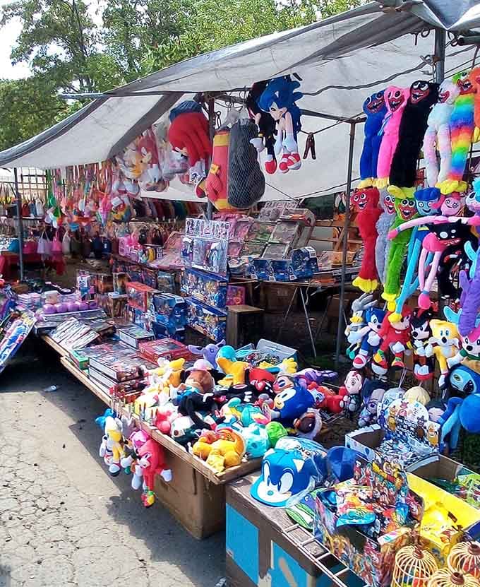 Plush characters grin from every angle, turning this stall into a carnival midway minus the rigged games.