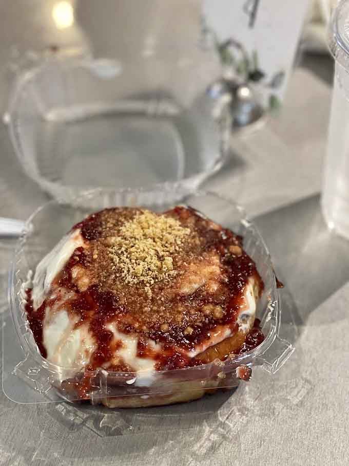 The Strawberry Cheesecake Roll drizzled with sauce and sprinkled with graham cracker crumbs is dessert masquerading as breakfast.