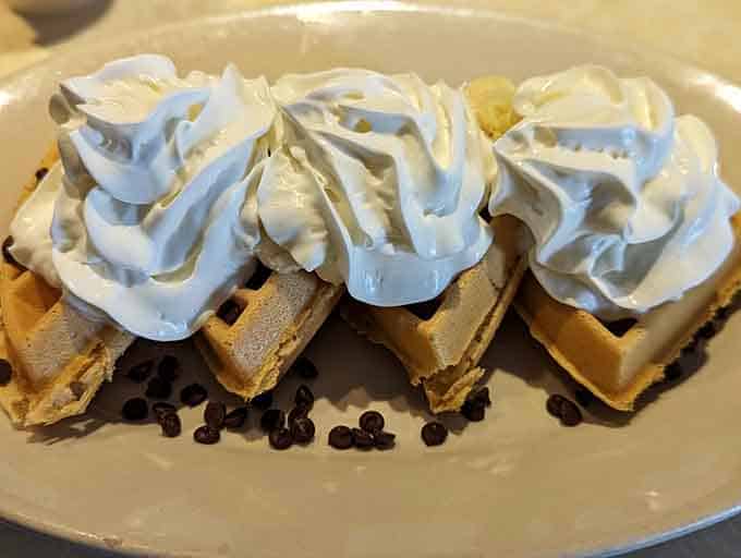 Belgian waffles crowned with whipped cream and chocolate chips: childhood nostalgia served on a plate.
