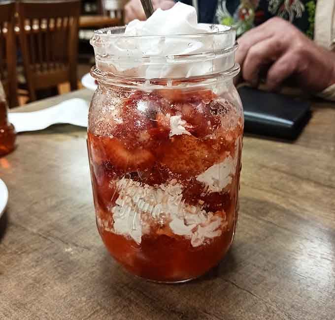 Strawberry shortcake served in a mason jar, because sometimes the name of the place should tell you everything you need.