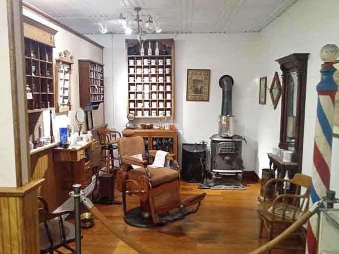 This recreated barbershop interior with its pot-bellied stove practically begs you to sit down and swap stories with neighbors.