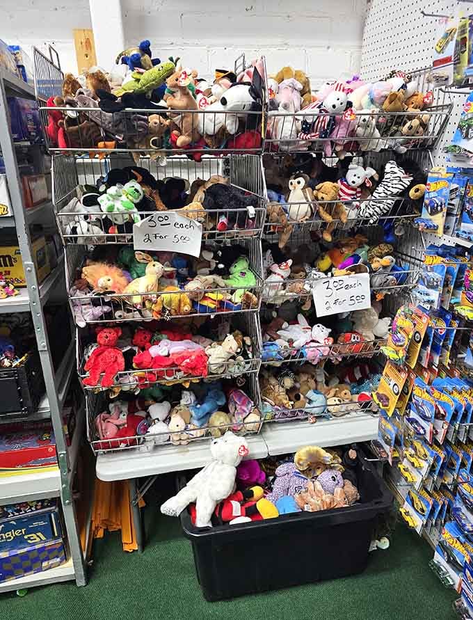 Beanie Babies stacked in wire baskets, ready to reunite collectors with their childhood or start new obsessions.