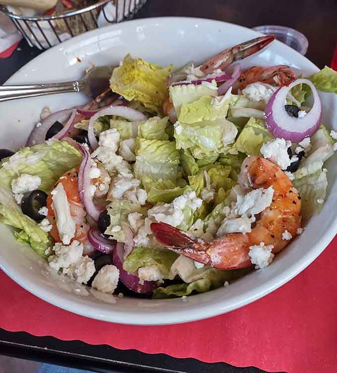 When your salad comes with actual grilled shrimp and feta, you know someone's taking this seriously.