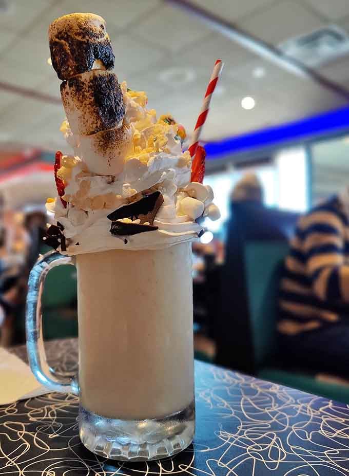 This milkshake topped with a toasted marshmallow is basically dessert wearing a disguise as a beverage.