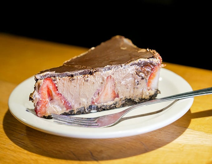 Chocolate strawberry pie that makes you forget you just ate an entire steak dinner, somehow.