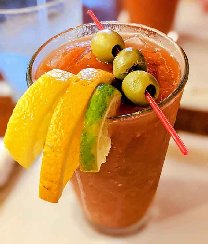 This Bloody Mary arrives dressed to impress with enough garnishes to qualify as an appetizer and a drink.