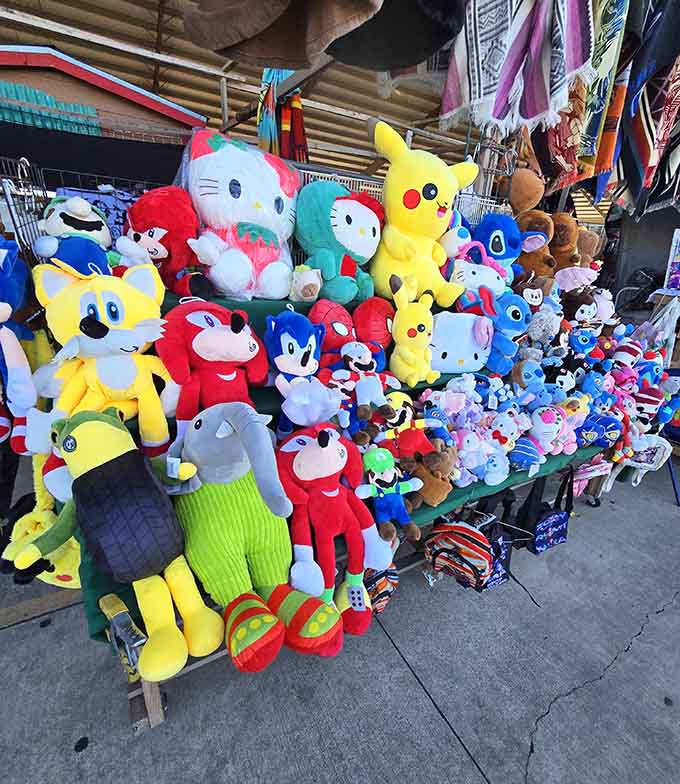 Character plushies galore, from Pikachu to Hello Kitty, creating a cuddle-ready rainbow of childhood joy and nostalgia.