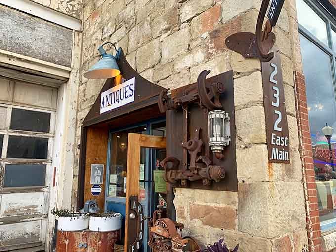Coin Dancer Antiques displays vintage mining equipment outside, reminding visitors that Trinidad's history runs deep and authentic.