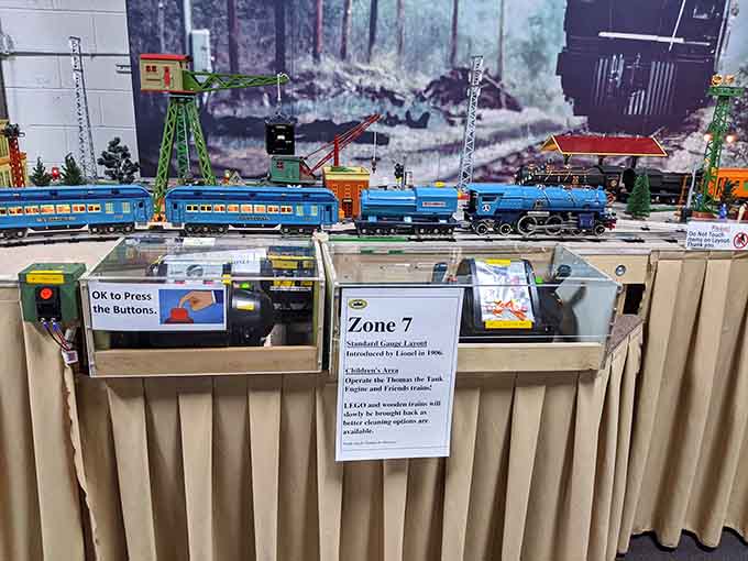 The Standard Gauge layout invites you to press buttons and watch trains spring to life at your command.