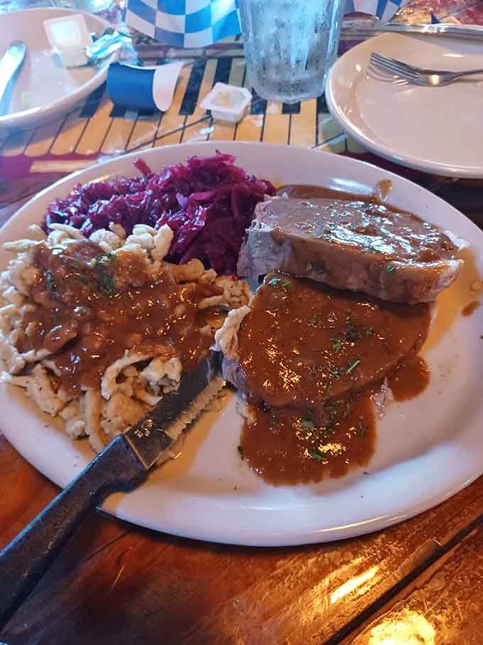 Sauerbraten swimming in rich gravy over sp&auml;tzle is the kind of comfort food that hugs you from inside.