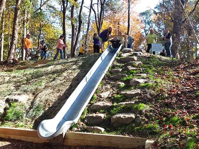 The nature playscape's hillside slide delivers thrills without requiring batteries or Wi-Fi passwords.
