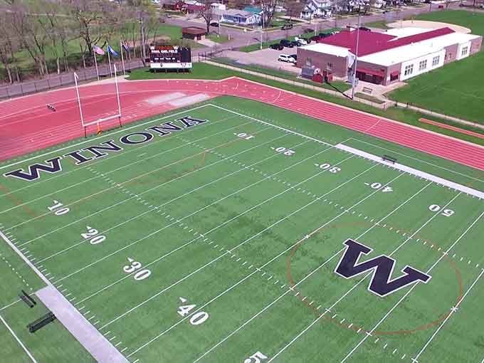 Paul Giel Field shows small-town pride in big, bold letters you can see from space.