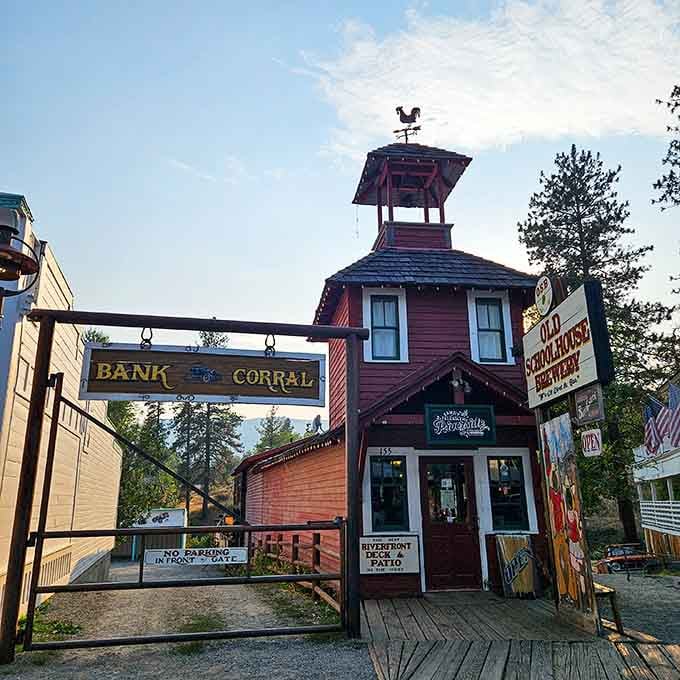 The Bank Corral entrance with its weather vane tower stands ready to welcome visitors into this delightfully committed Western wonderland.