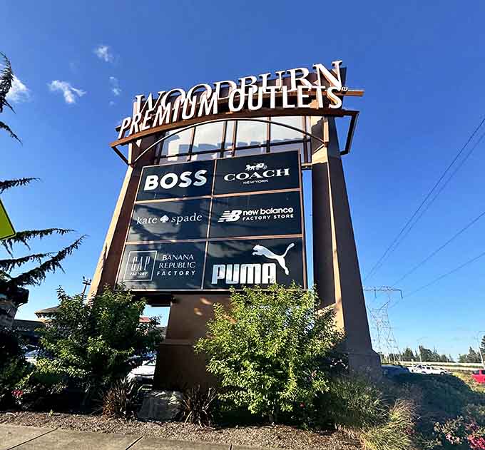 The Premium Outlets sign proudly displays brand names like a greatest hits album of retail, all under one glorious roof.