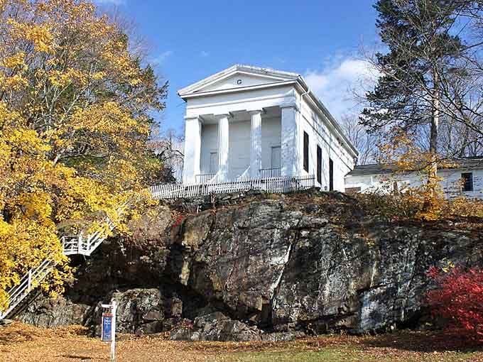 The Greek Revival temple perched on rock speaks to Woodbury's deep roots in American history and tradition.