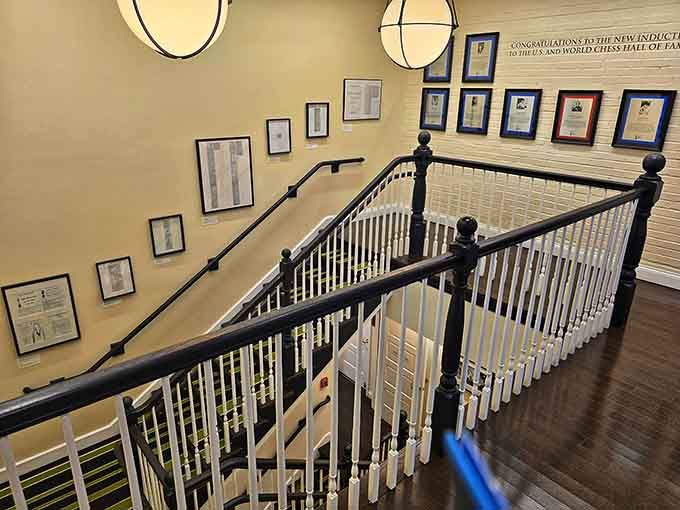 Even the stairwell celebrates inductees, turning every corner into a tribute to chess greatness and achievement.