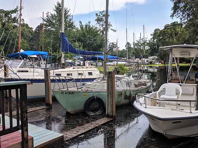 The marina hosts a floating neighborhood where sailboats and fishing vessels live in peaceful coexistence.