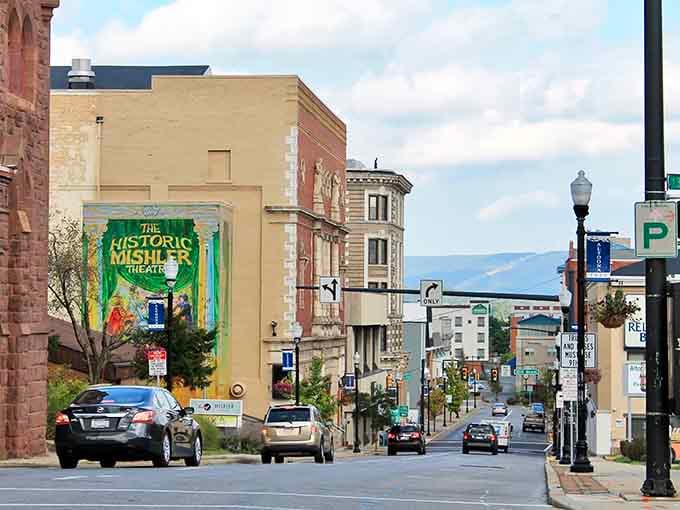 Altoona's mountain backdrop frames the downtown streets perfectly, offering small-city convenience with big-time natural beauty just beyond the buildings.