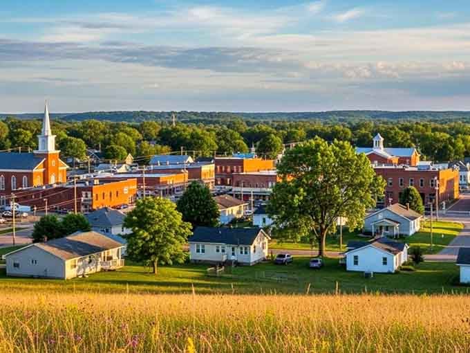 Golden hour bathes the town in warm light, making every rooftop and steeple glow like honey.