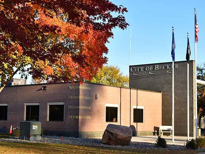 Fall foliage frames Becker's city hall, where civic pride and community safety go hand in hand.