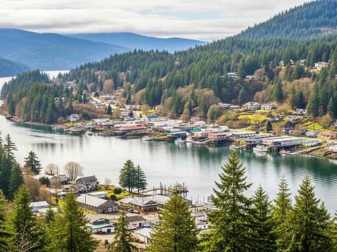 Emerald waters reflect towering pines in this quiet harbor where nature still runs the show beautifully.