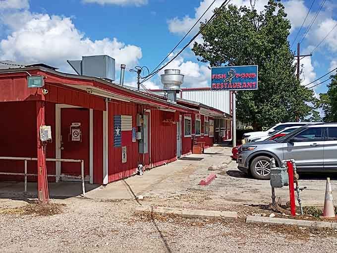 Bright red siding and a covered walkway welcome you to home-style cooking done the right way.