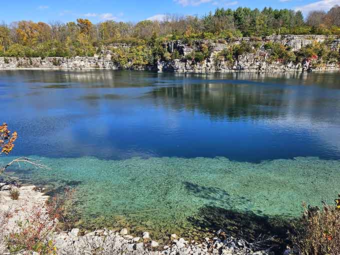 Water so clear and blue it looks like someone photoshopped the Caribbean into a limestone quarry setting.