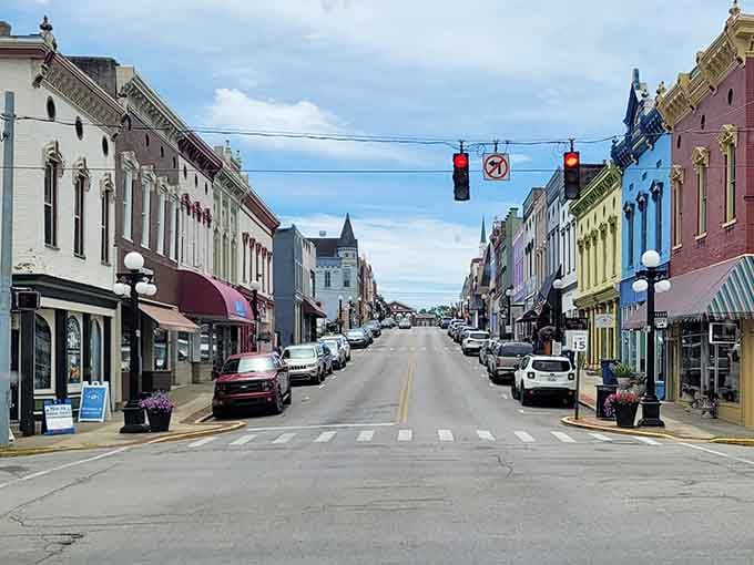 This rainbow of painted storefronts stretches toward the horizon like a box of crayons came to life.