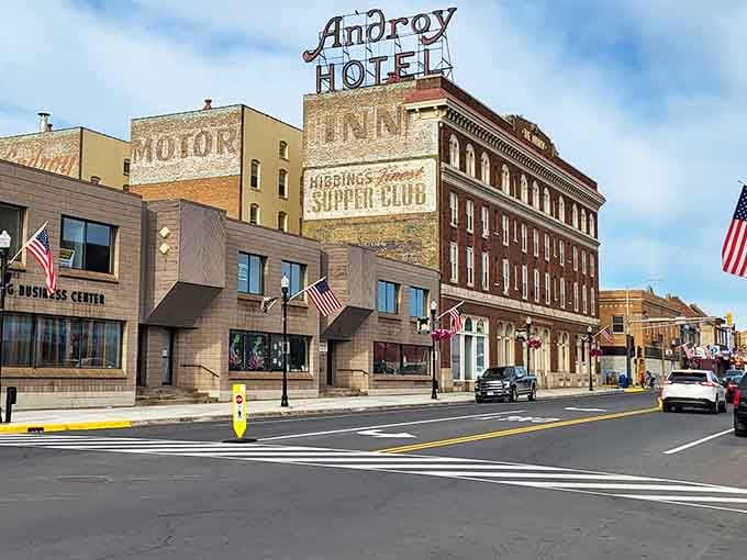 Hibbing's Androy Hotel sign towers over Main Street like a beacon from the golden age of American road trips and adventure.