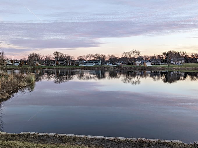 Sunset paints the water in cotton-candy hues while bare trees stand reflected in this peaceful suburban pond.