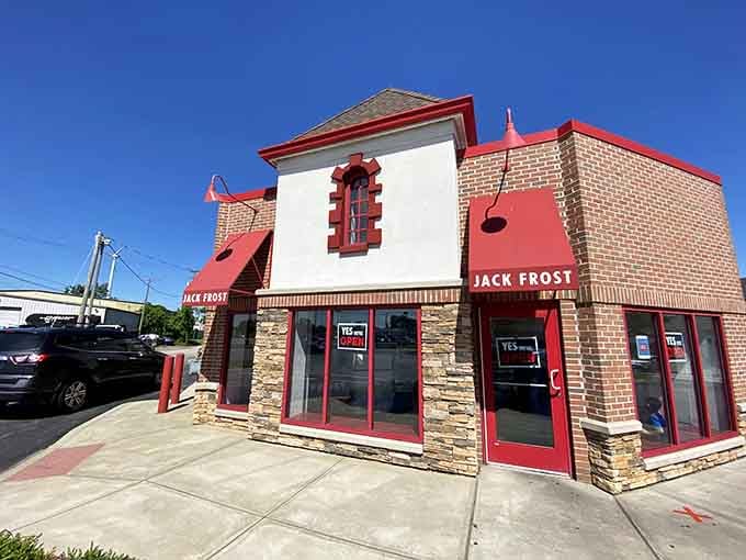 The distinctive tower and red trim give this shop character that matches the personality of its time-tested donut recipes.