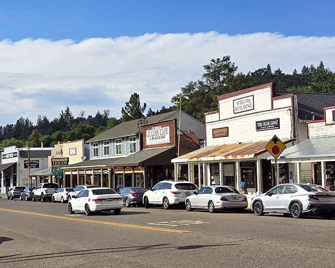 Western-style facades line up like a movie set, except the coffee inside is real and actually good.