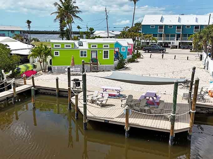 Bright cottages on the water create a rainbow of possibilities for waterfront living at its most colorful.