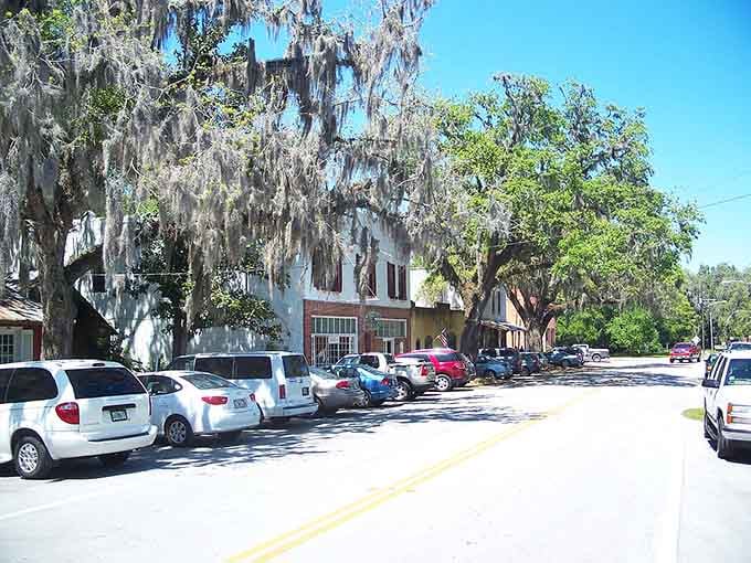 Spanish moss draping over Main Street like nature's own welcome banner makes every drive feel cinematic.