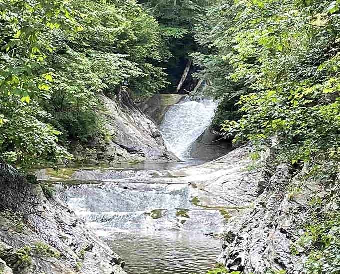 Cascading water tumbles over smooth rock ledges, creating nature's own staircase in this hidden forest sanctuary.