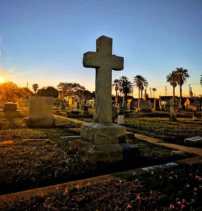 Golden sunset bathes the weathered stone cross in warm light while palm trees sway, creating an unexpectedly beautiful coastal moment.