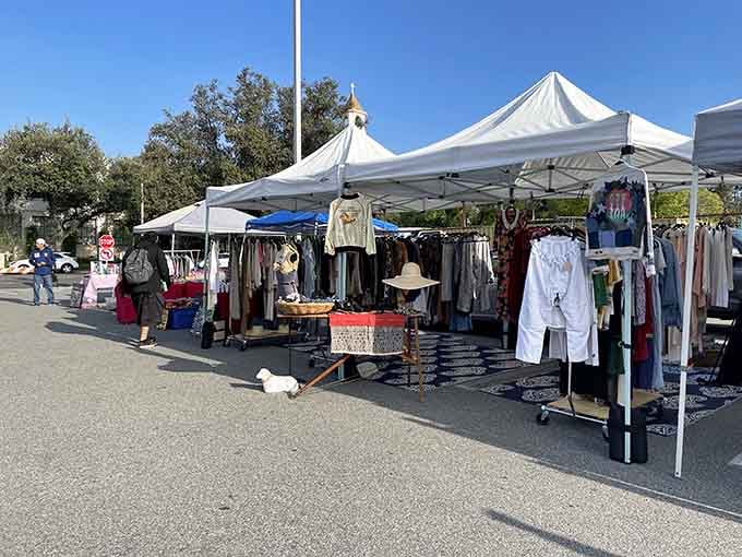 White tents line the street like a parade of possibilities where vintage clothing hangs waiting for fashion-forward shoppers.